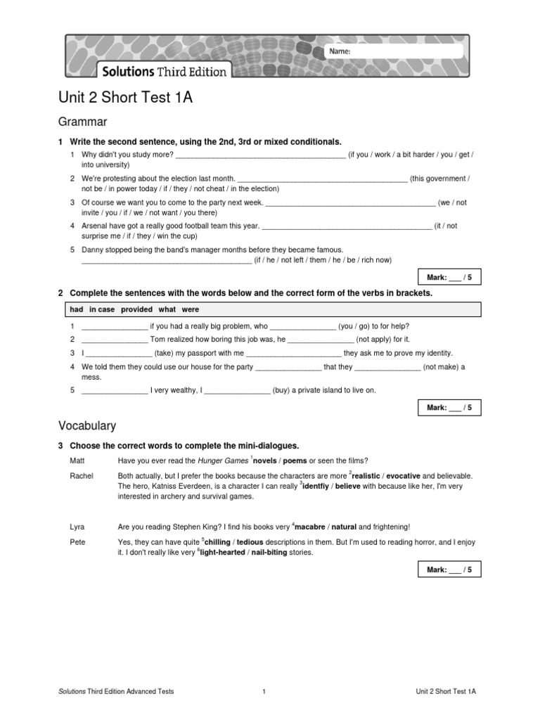 Sol3e Adv U2 Short Test 1a | PDF | Syntax | Grammar