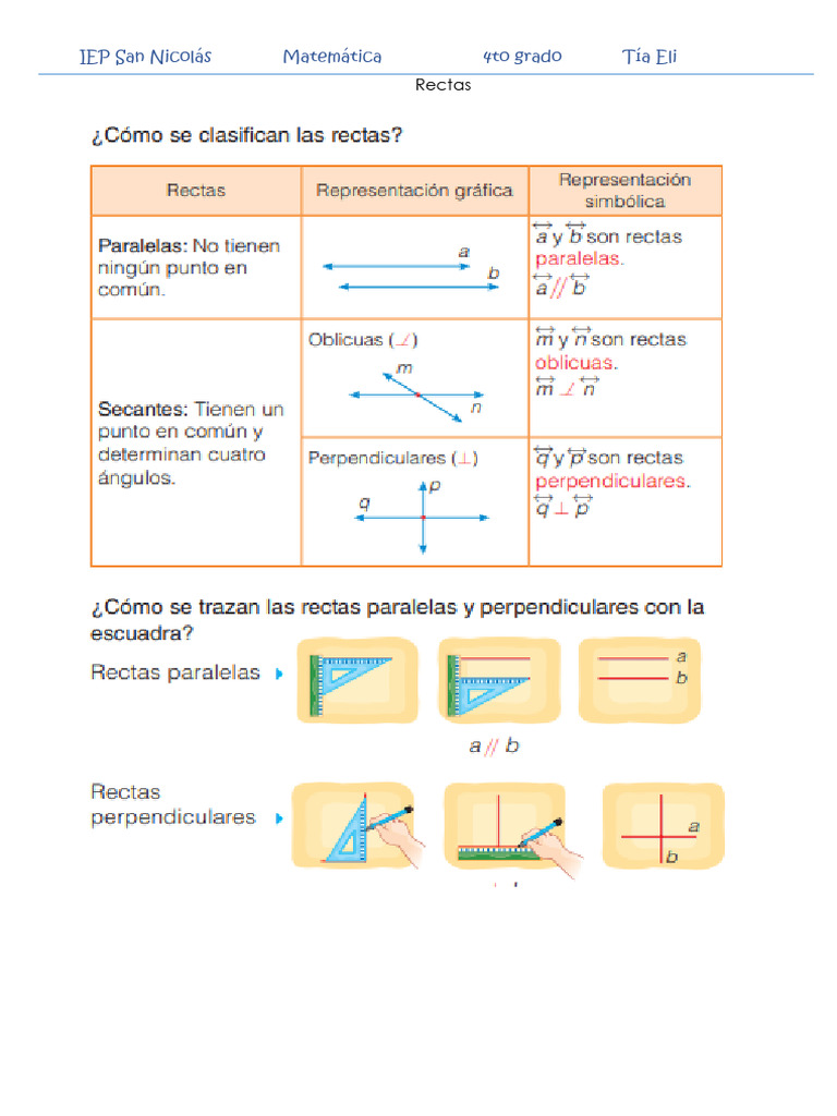 Clases de Rectas en Matemática 4to Grado | PDF