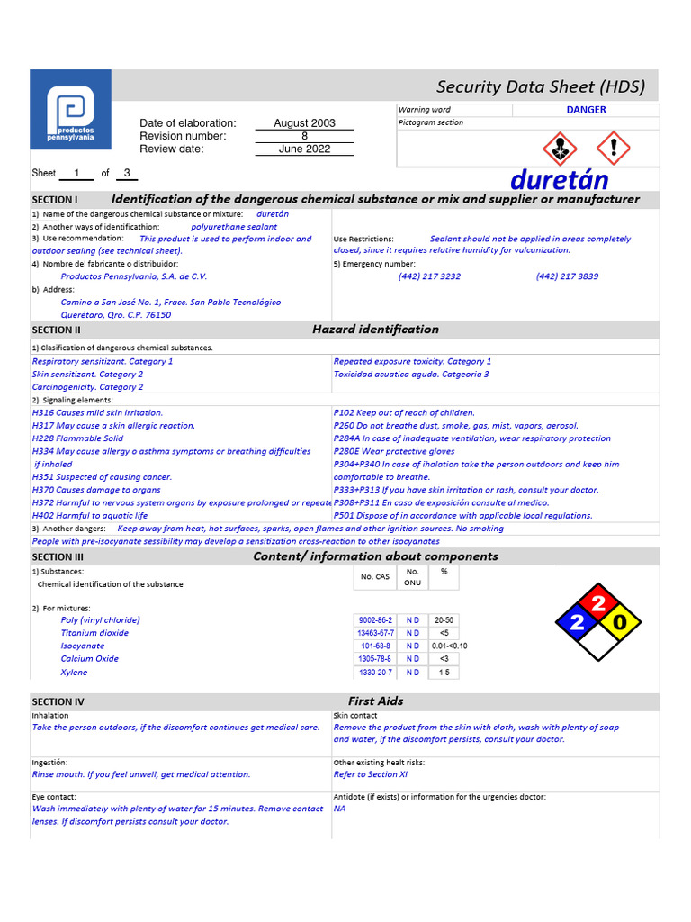 MSDS Duretan Polyurethane Sealant | PDF | Oxide | Combustion