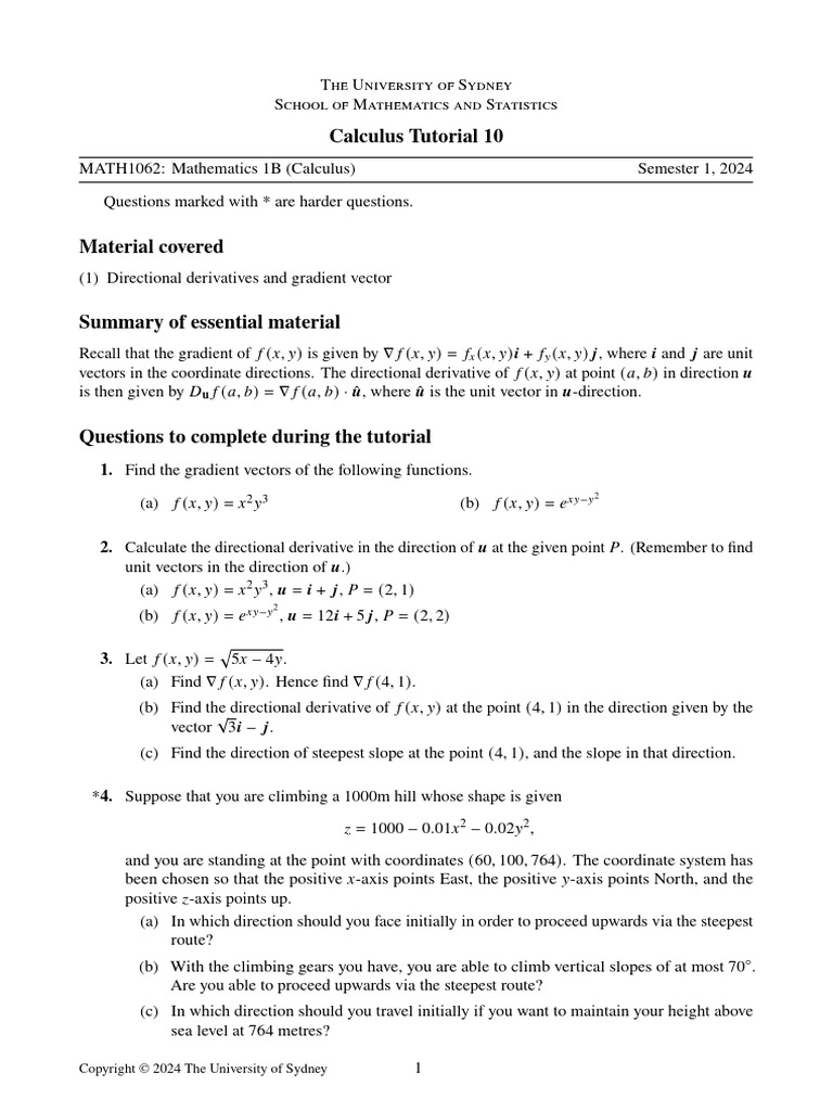 Calculus Tutorial 10 | PDF | Gradient | Derivative