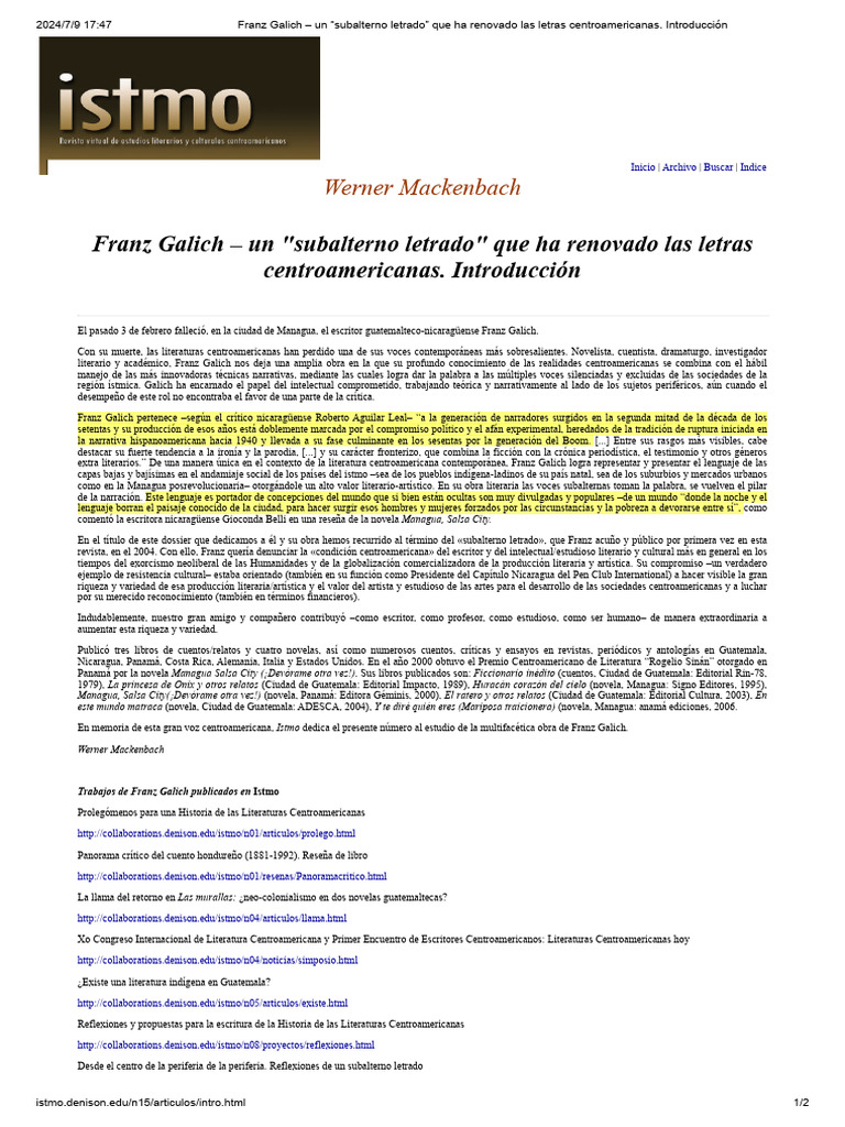 Franz Galich: Voz de las letras centroamericanas | PDF | Nicaragua ...