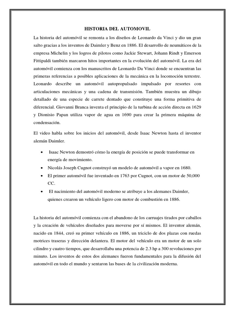 Historia Del Automovil | PDF | Motores | Coche