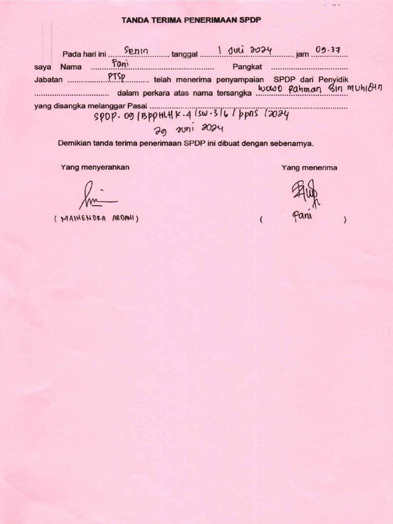 Tanda Terima Penerimaan SPDP - Wowo Rahman | PDF