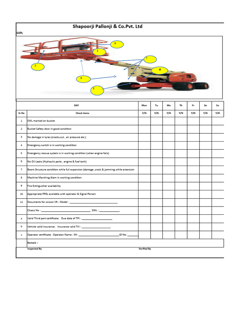 43.boom Lift Excel Checklist Modified | PDF | Vehicles | Manufactured Goods