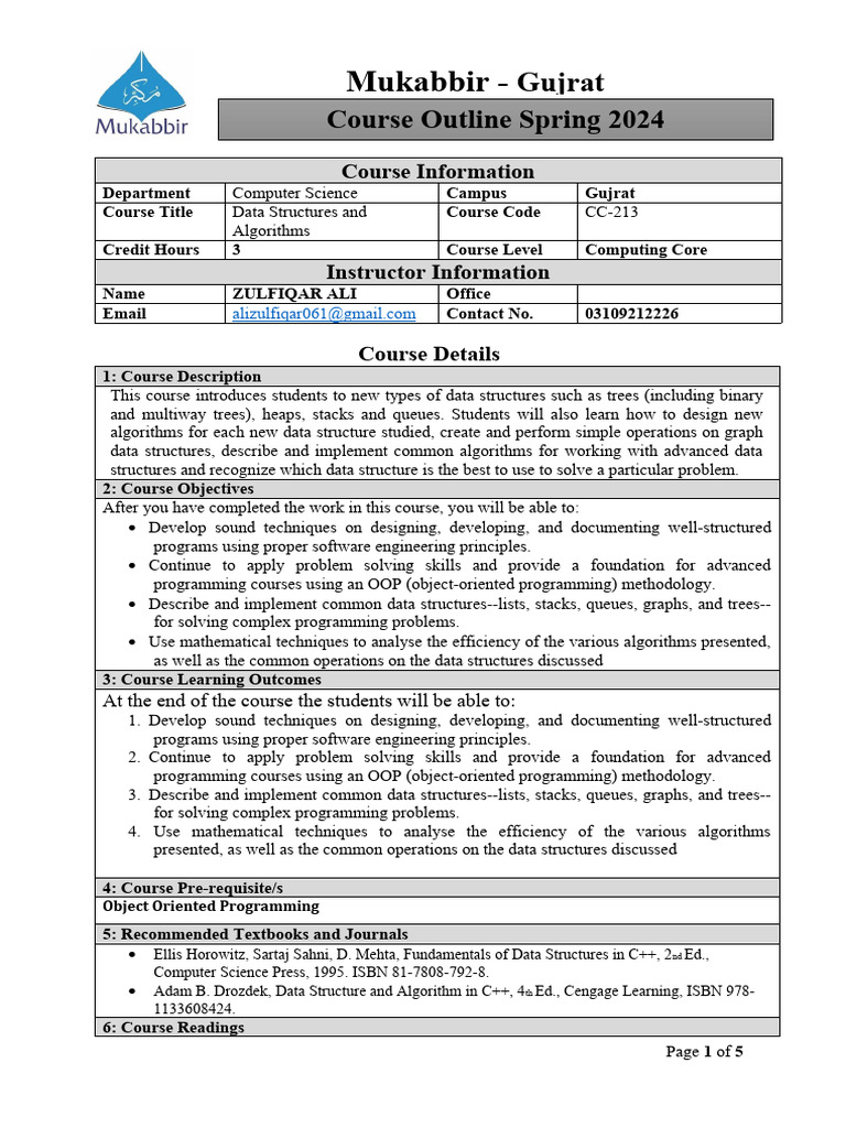 Course Outline-CC-213 | PDF | Computer Programming | Algorithms And ... Course Outline-CC-213 | PDF | Computer Programming | Algorithms And ...