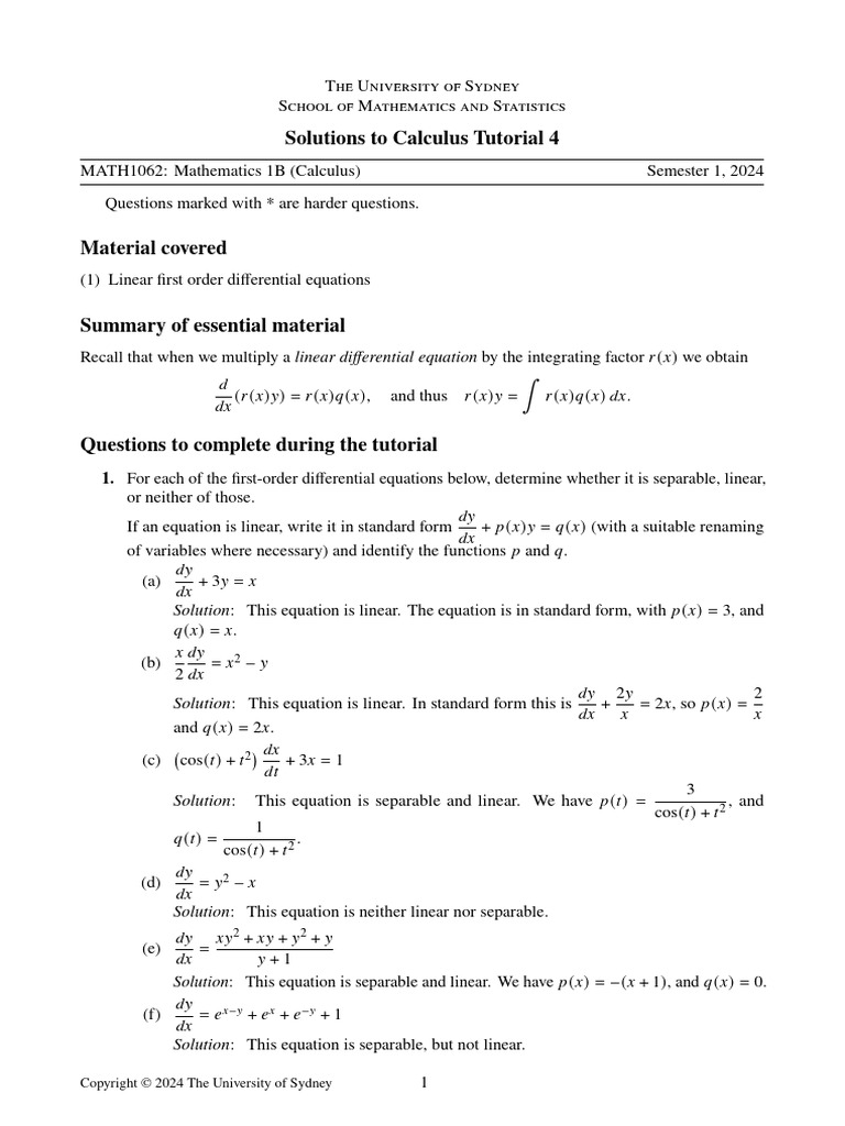 Solutions To Calculus Tutorial 4 | PDF | Equations | Differential Equations