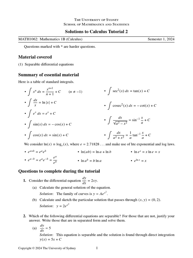 Solutions To Calculus Tutorial 2 | PDF | Viscosity | Equations