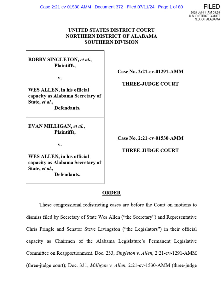 Alabama Redistricting Legal Challenges | PDF | Fourteenth Amendment To ...