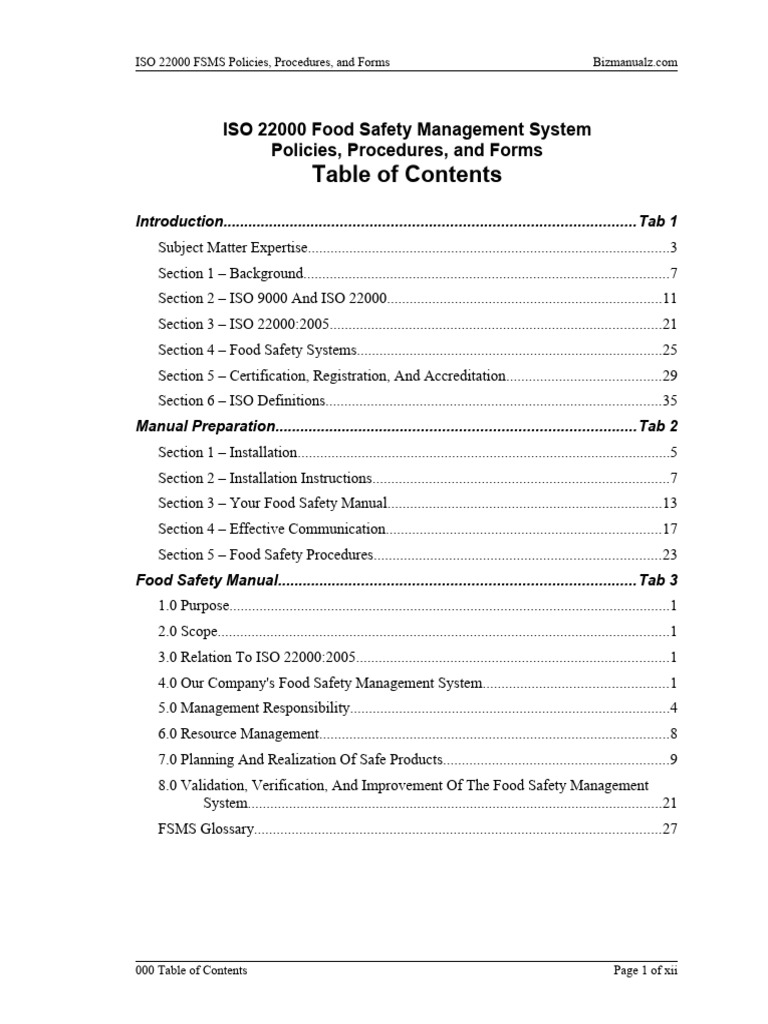 000 ISO 22000 FSMS Manual Table of Contents | Download Free PDF ...