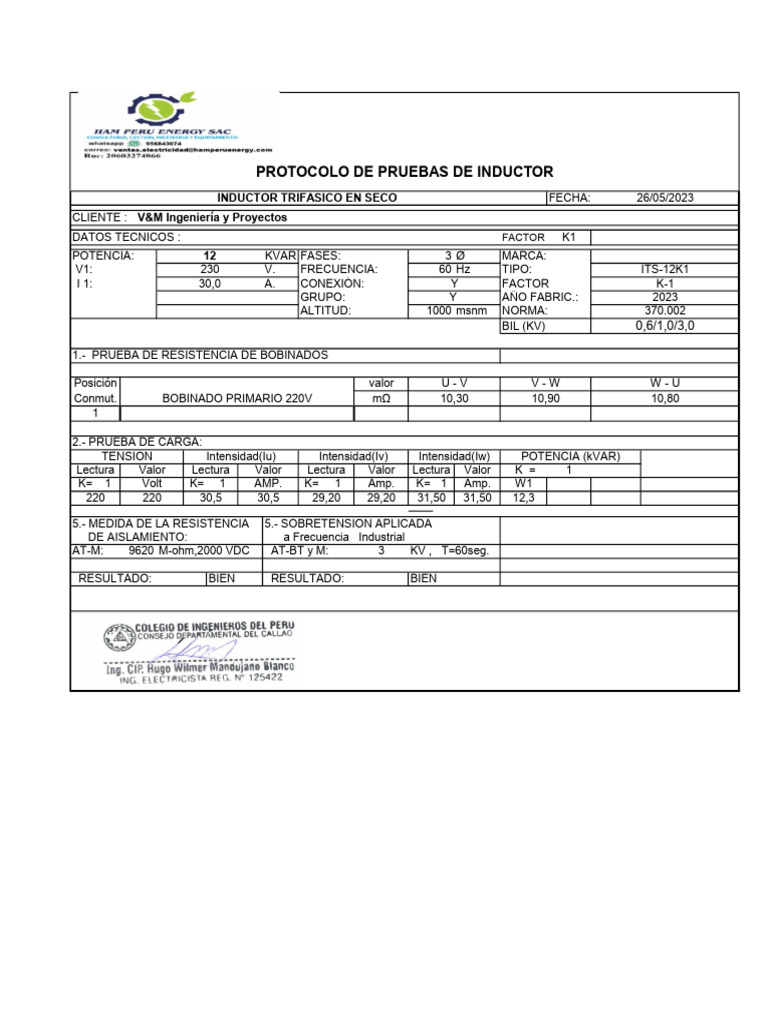 Protocolo de Pruebas Inductor 12kvar | PDF