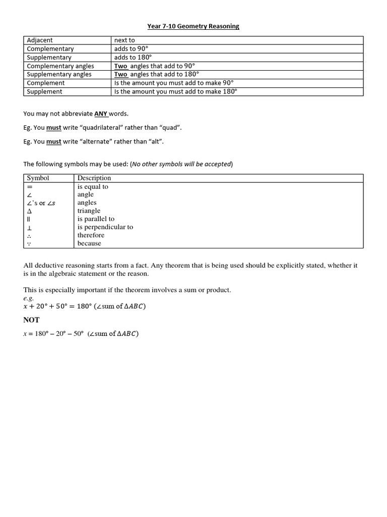 Year 7-10 Geometry Reasoning Guidelines | PDF | Triangle | Angle