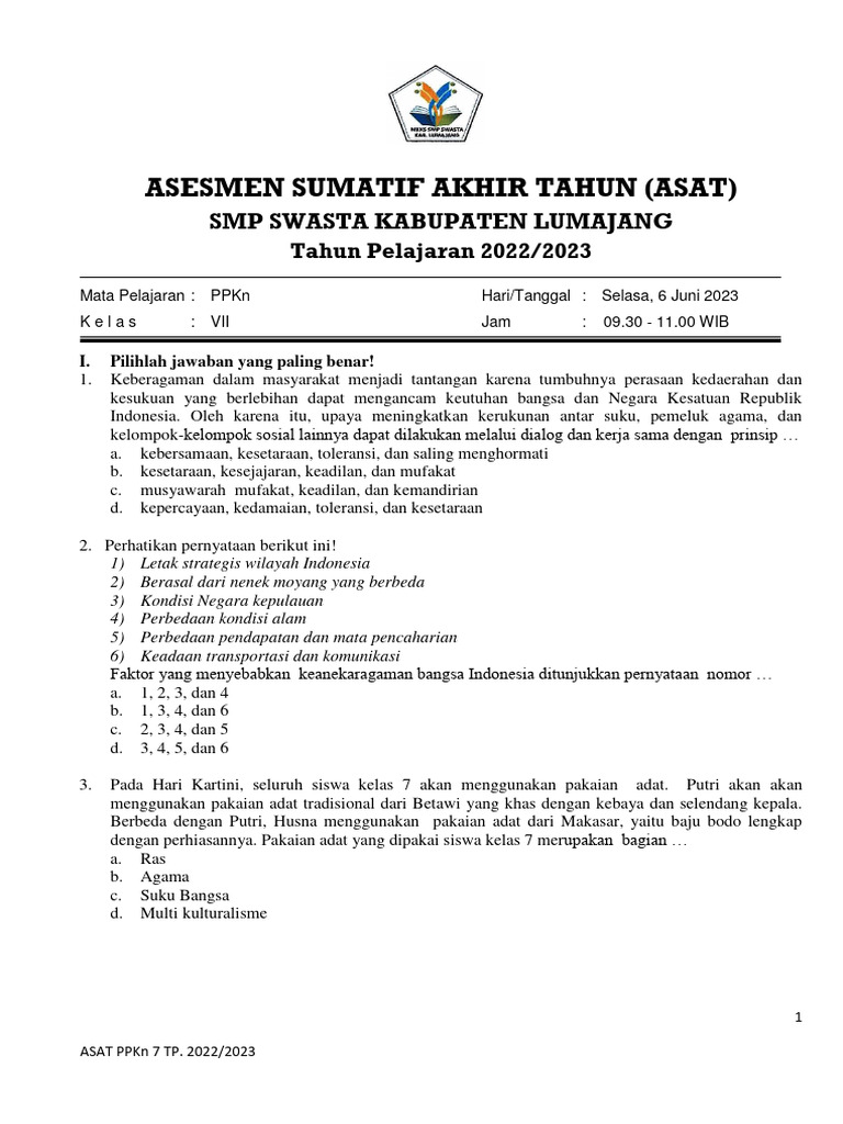 SOAL + KUNJAB ASAT PPKN 7 | PDF