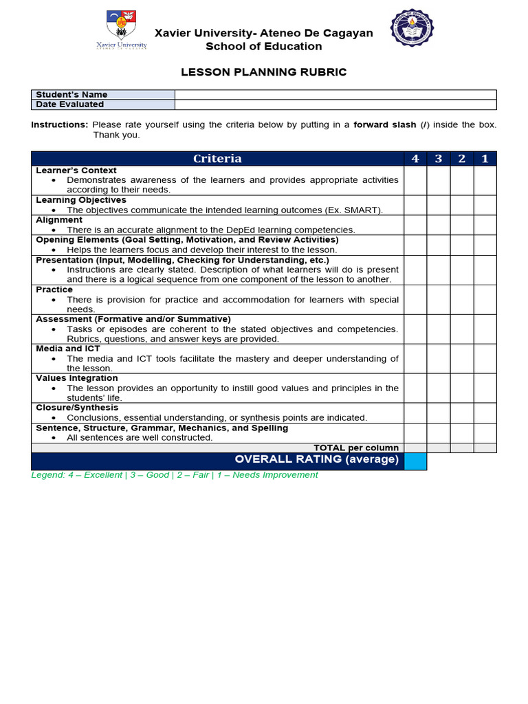 Lesson Planning Rubric (Self-rating) | PDF