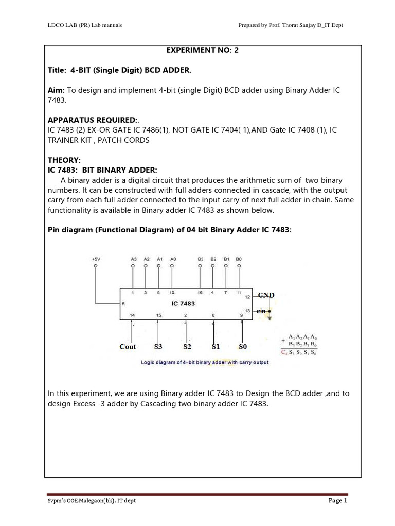 Experiment No 2 BCD Adder | PDF | Binary Coded Decimal | Theory Of Computation