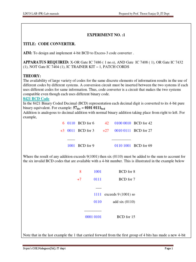 Experiment No 1 Code Convertor | PDF | Binary Coded Decimal | Notation