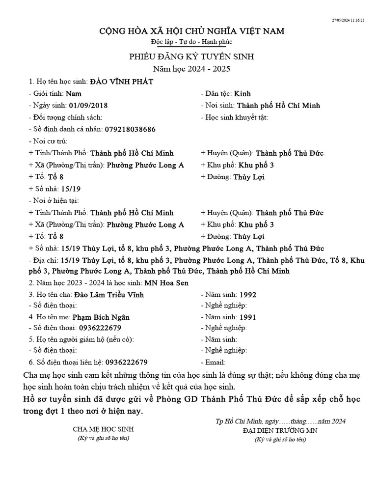 PhieuThongTinHocSinh Daovinhphat R15N | PDF