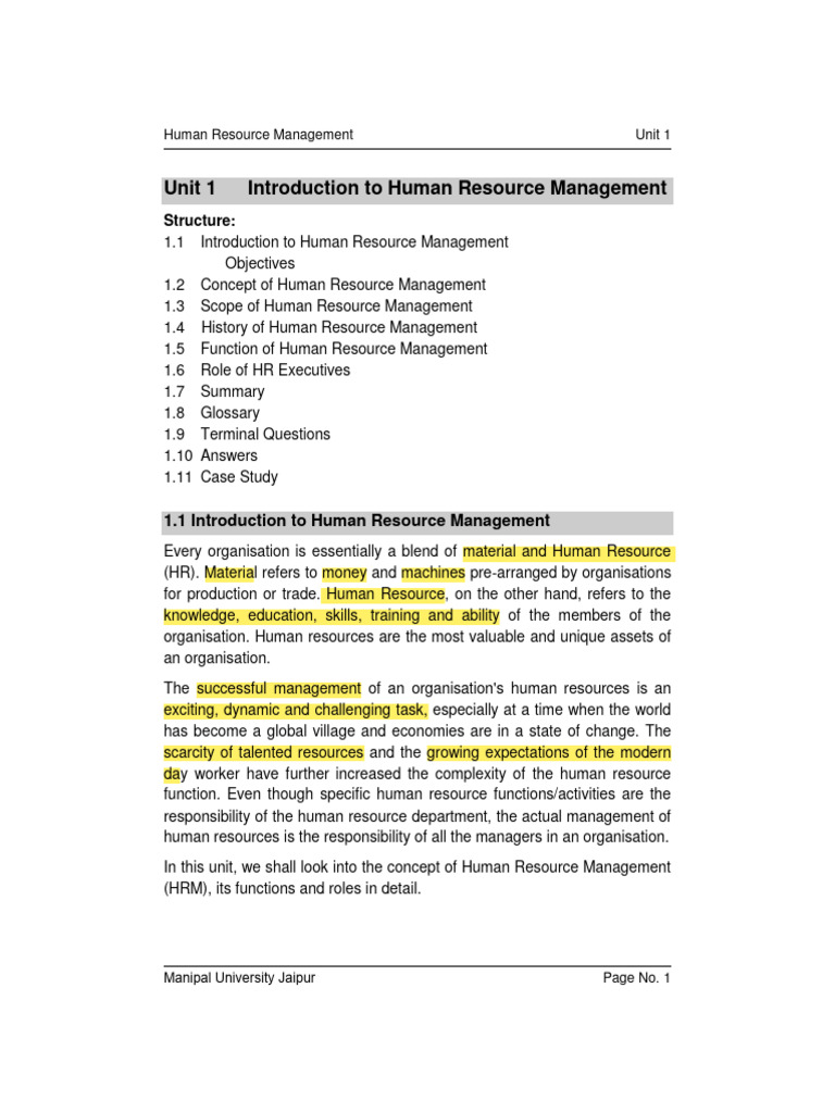 Unit 01 - Introduction To Human Resource Management | PDF | Human ...