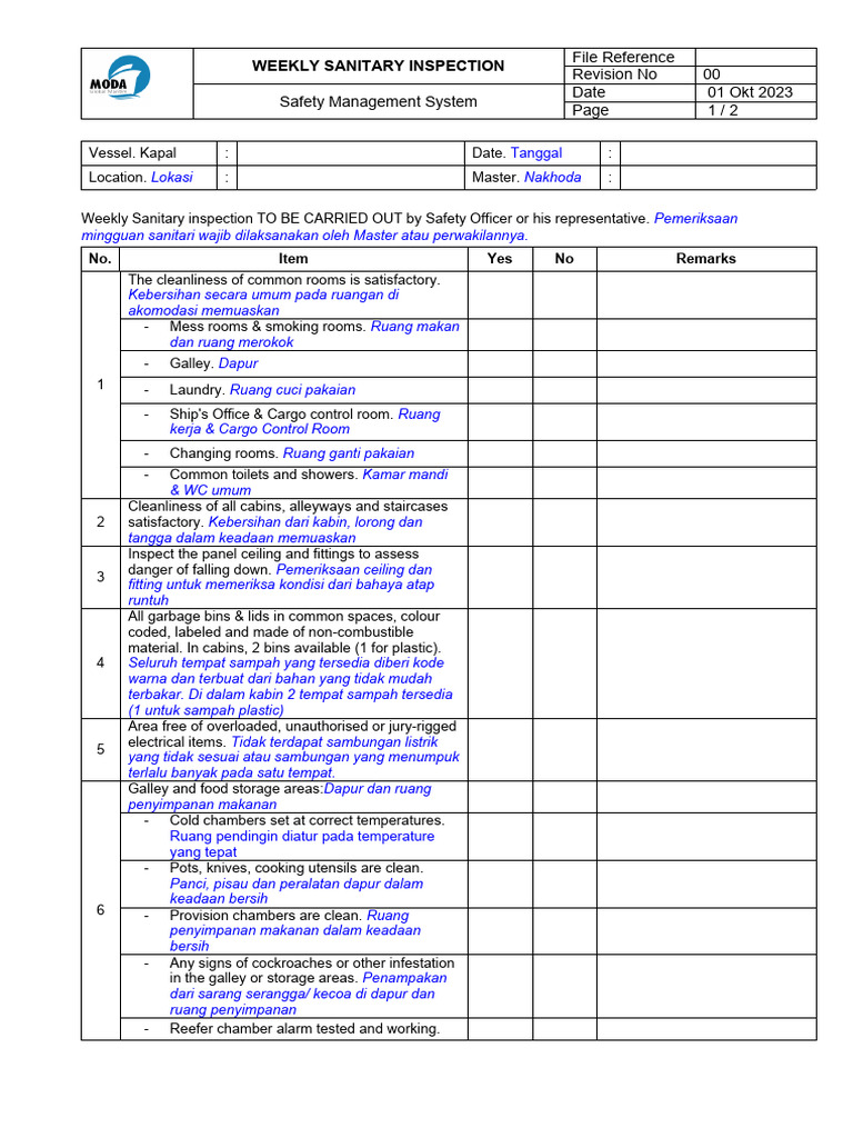 Monthly Sanitary Inspection Form Moda ( New Form ) | PDF