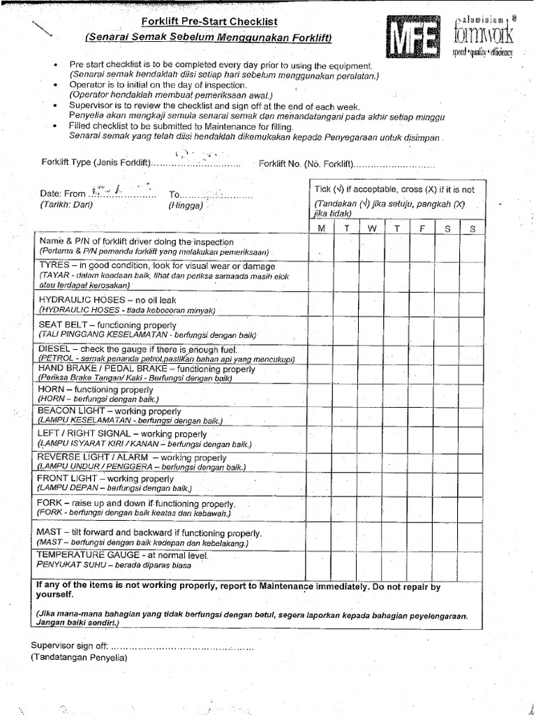 Forklift Pre-Start Checklist | PDF Forklift Pre-Start Checklist | PDF