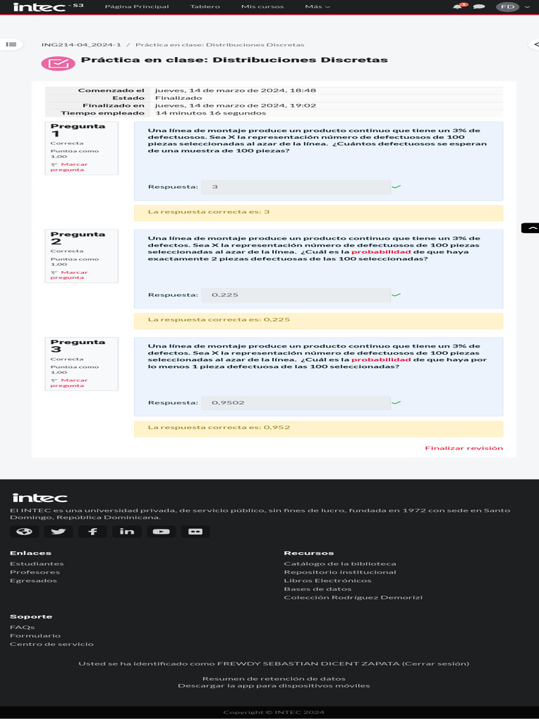 Práctica en Clase - Distribuciones Discretas - Revisión Del Intento - INTEC | PDF | Informática