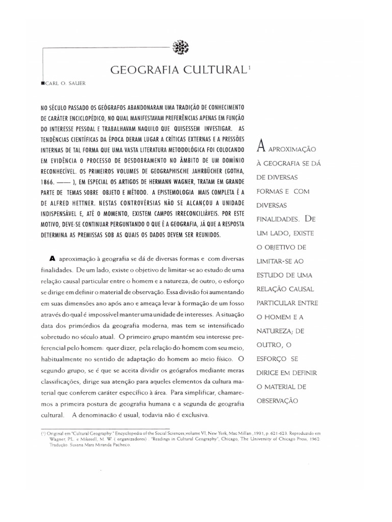 Carl Sauer - Geografia Cultural | PDF