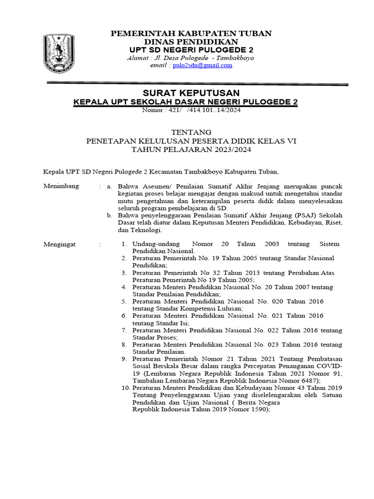 SK Penetapan Kelulusan Siswa Kelas Vi 2023-2024 | PDF