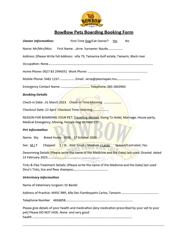 BowBow Pets Boarding Booking Form | PDF | Dogs | Neutering