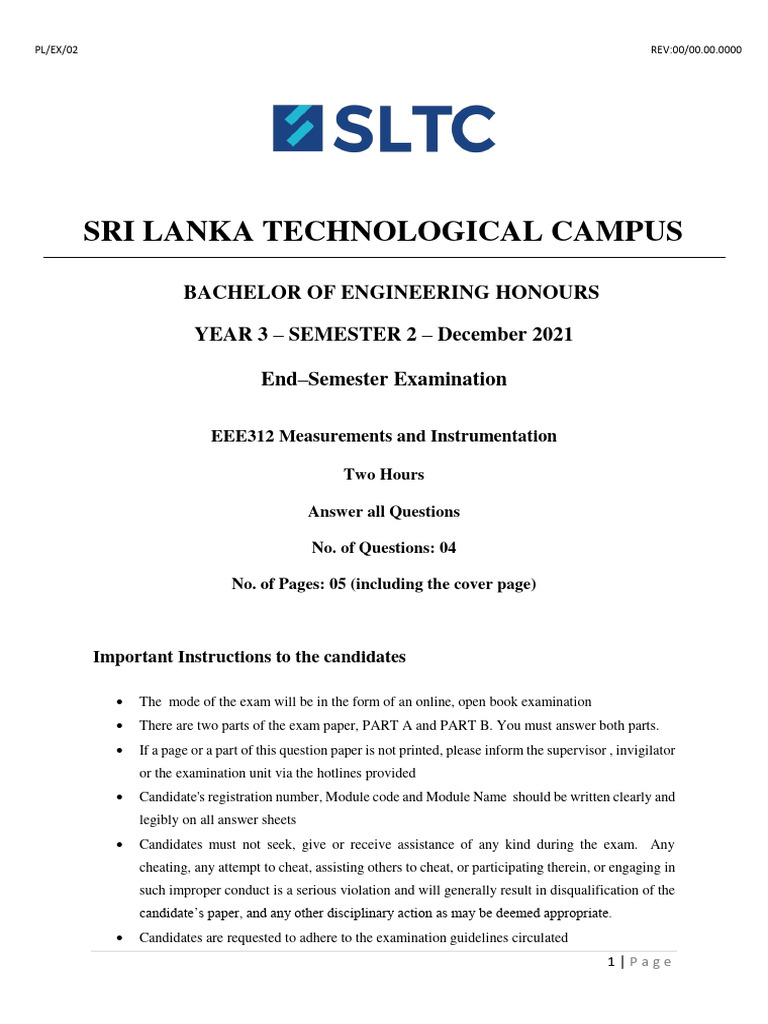EEE312 Measurments and Instrumentation - END - Exam Paper | PDF ...