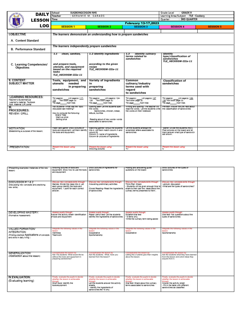 Daily Lesson Log The Learners Demonstrate An Understanding How To Prepare Sandwiches | PDF ...