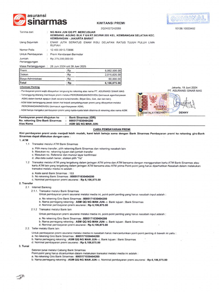 Invoice Asuransi Sinarmas | PDF