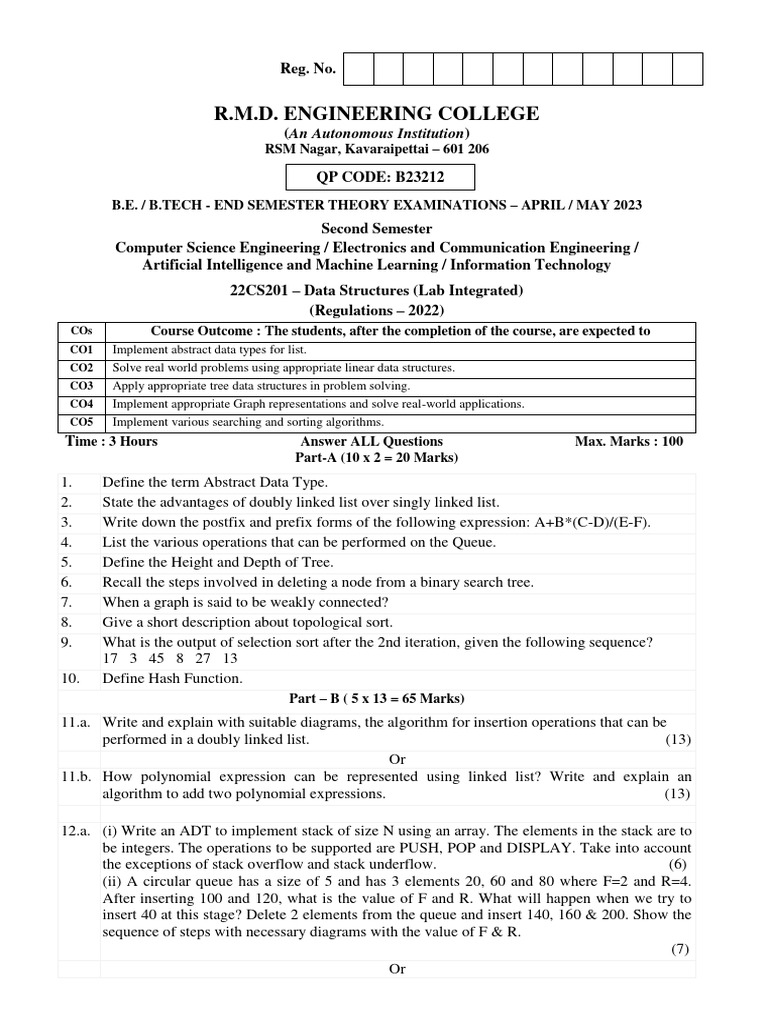22CS201 - Data Structures (Lab Integrated) - 1 | PDF | Computing | Algorithms