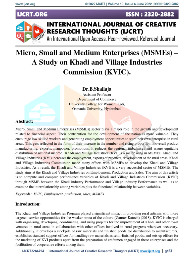 Micro, Small and Medium Enterprises (MSMEs) - A Study On Khadi and Village Industries | PDF ...