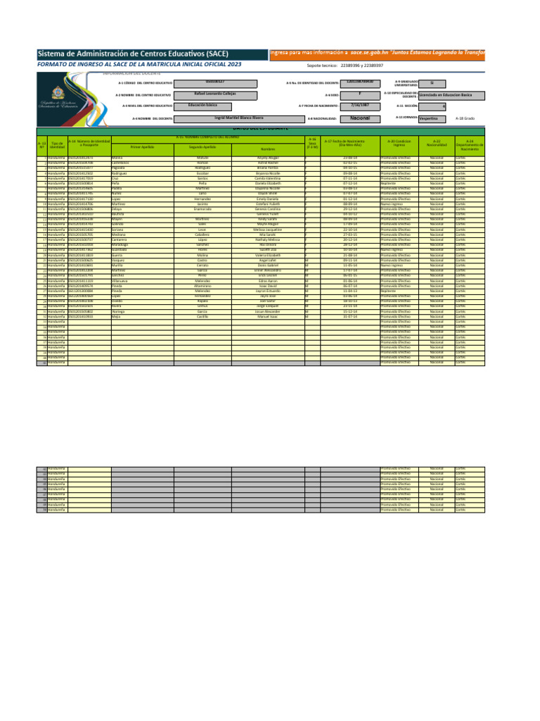 Formato de Matricula SACE 2023 | Descargar gratis PDF | Honduras