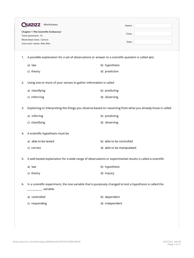 Chapter 1 The Scientific Endeavour - Quizizz | PDF | Hypothesis | Theory
