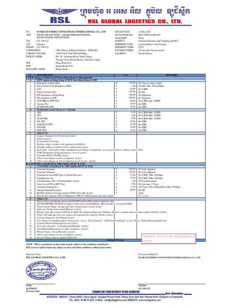 RSL Rate Im23-Mtg14-Rsl087, LCL, Exw Hong Kong, Ecobatt | PDF | Fee ...