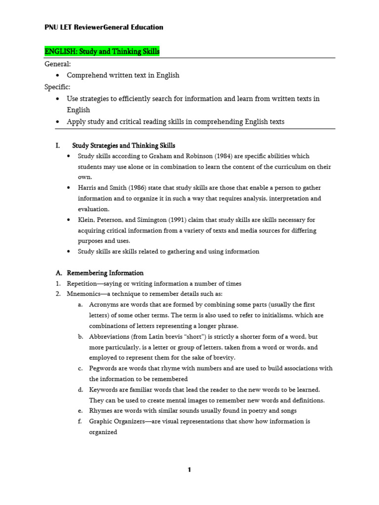 PNU LET ReviewerGeneral Education | PDF | Speed Reading | Study Skills