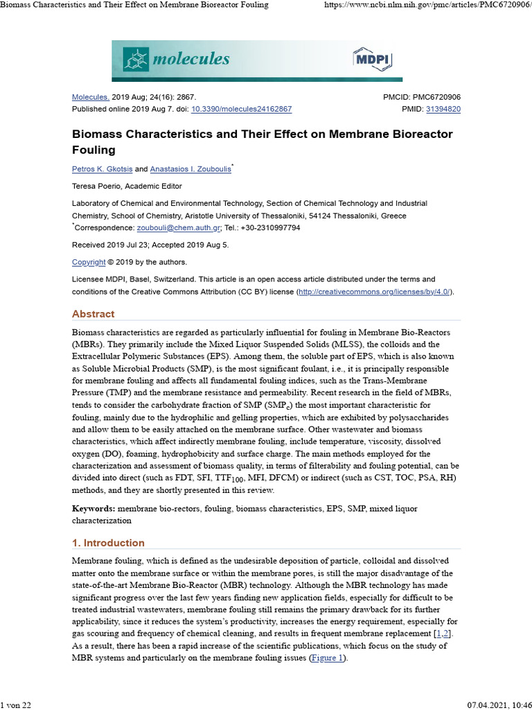 Biomass Characteristics and Their Effect On MBR Fouling | PDF ...