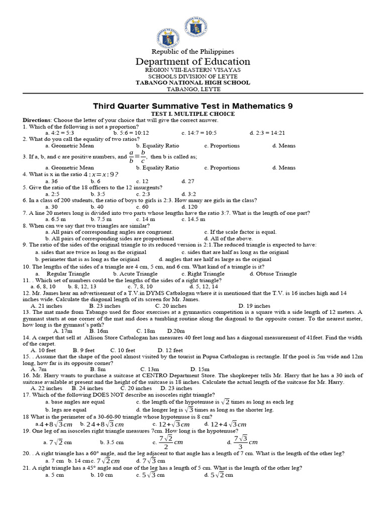 Math 9 Quarter 4 | PDF | Trigonometric Functions | Triangle