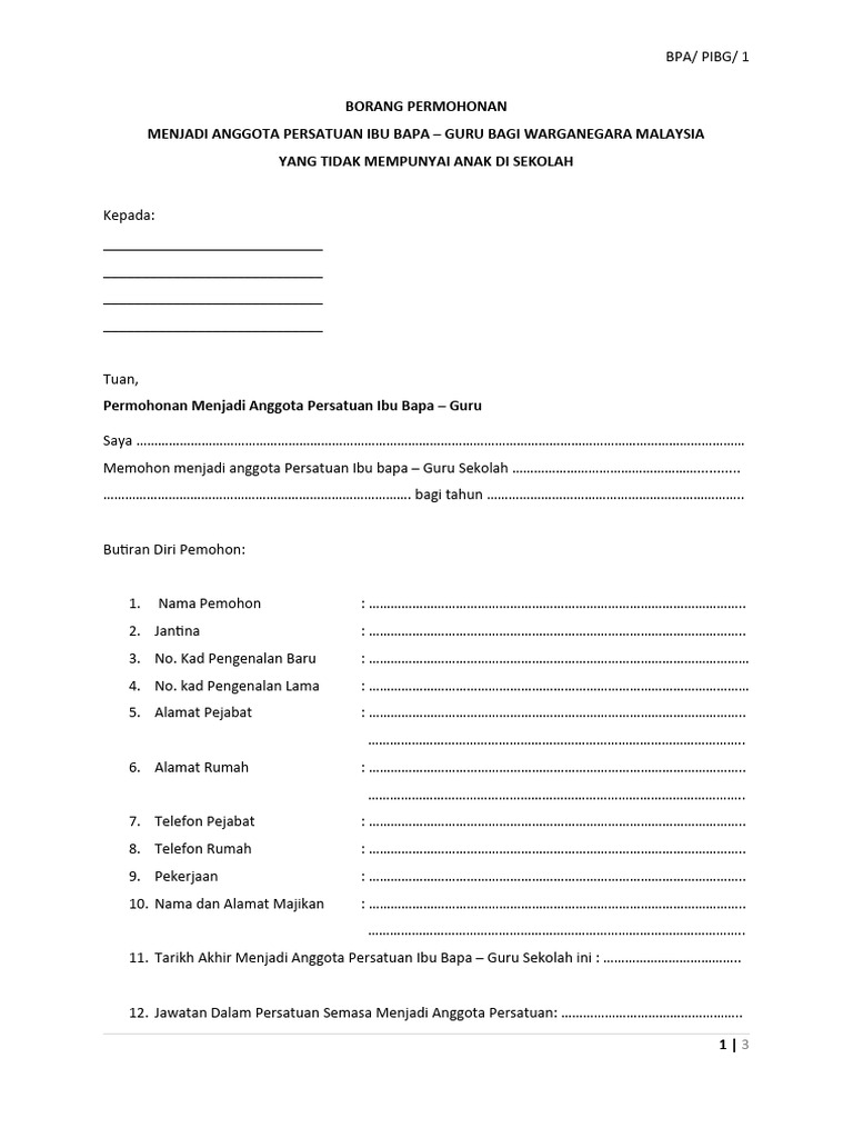 Borang Ahli Pibg Bpa Pibg 1 | PDF