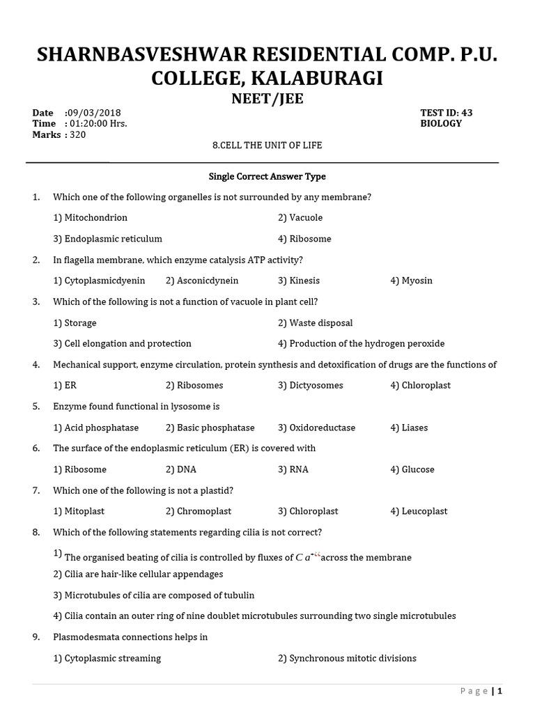 Biology NEET/JEE Test: Cell Structure Quiz | PDF | Endoplasmic ...