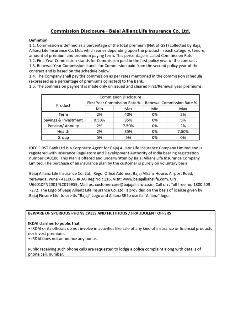 Bajaj Allianz Commission Disclosure 09022022 | PDF | Insurance | Life ...