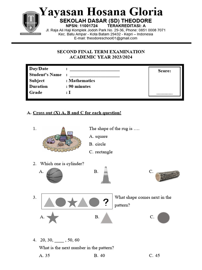 P1 Maths Final Test Sem 2 - June 2024 | PDF