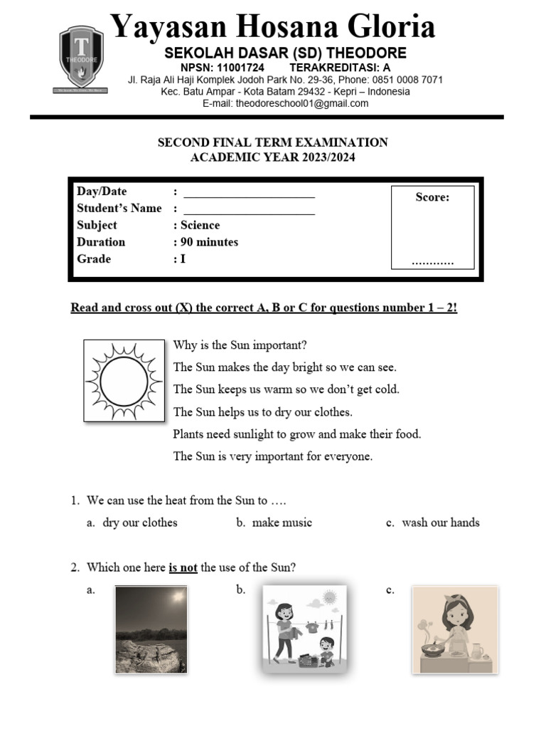 Grade 1 Science Exam 2023/2024 | PDF