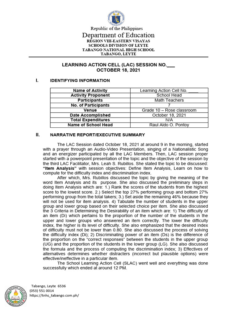 ACR - ITEM Analysis LAC | PDF | Behavior Modification | Learning
