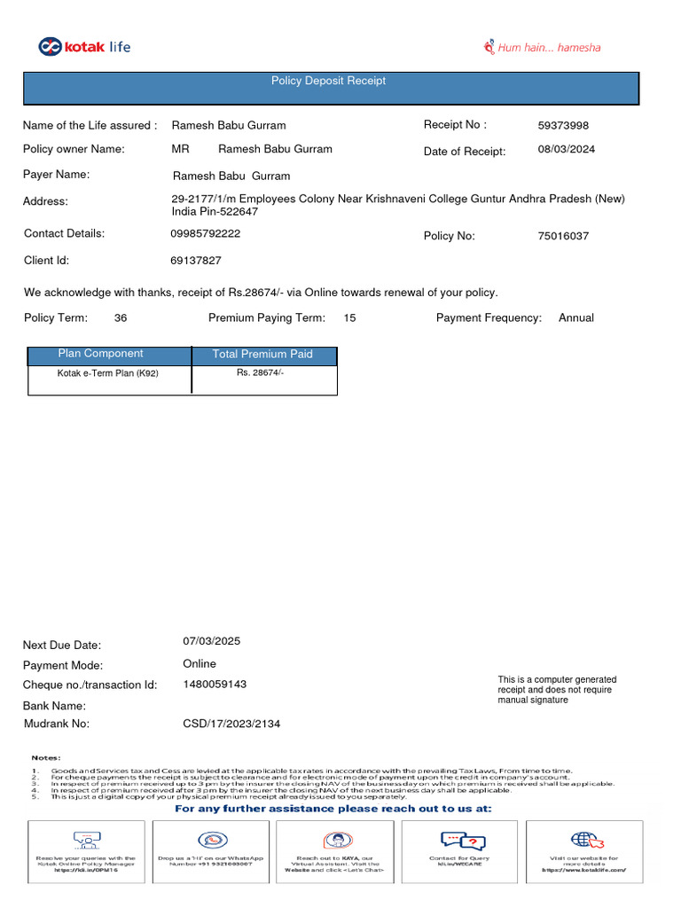 Policy Deposit Receipt: Kotak E-Term Plan (K92) Rs. 28674 | PDF
