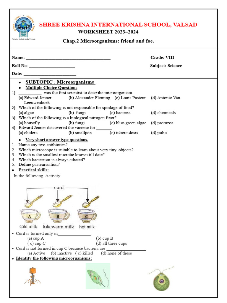 Class 8 Microorganisms Worksheet | PDF | Microorganism | Vaccines