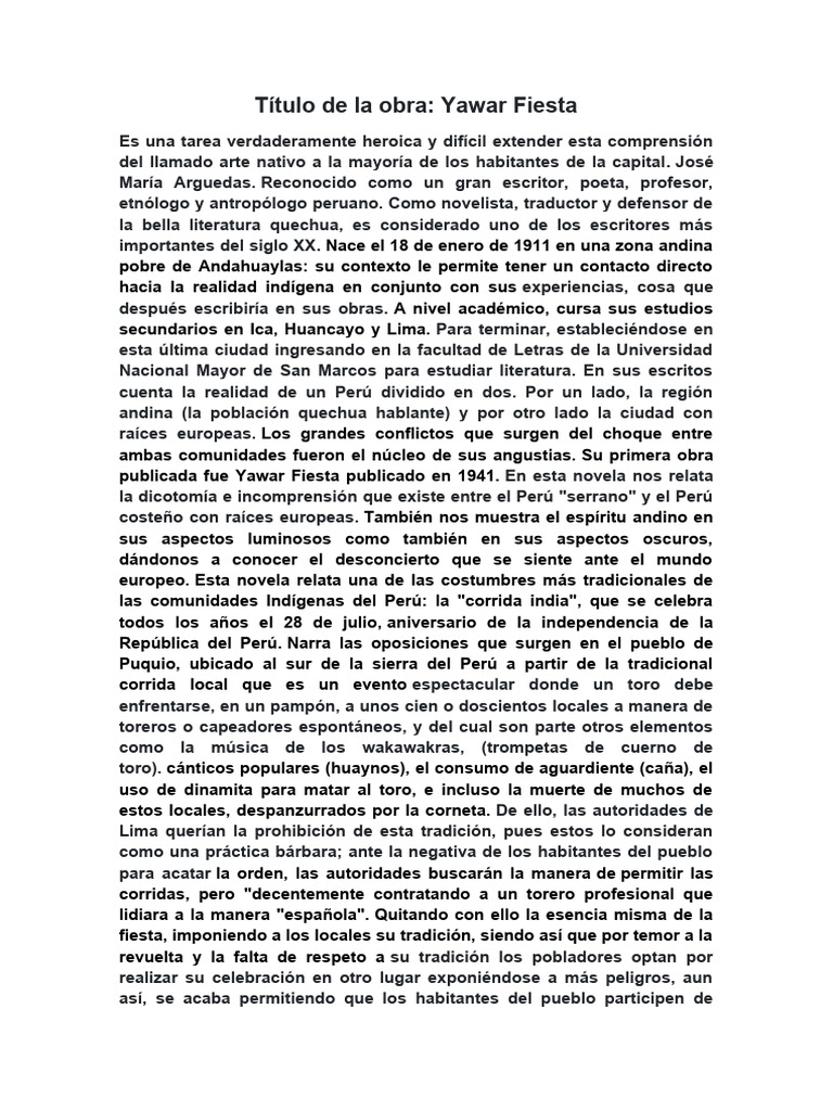 ENSAYO DE YAWAR FIESTA | PDF