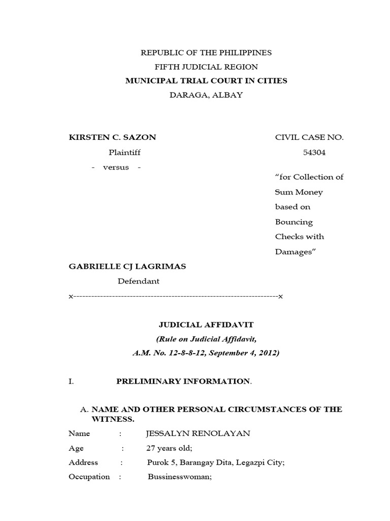 Judicial Affidavit Sample Format (Civil Case) | PDF | Affidavit | Justice
