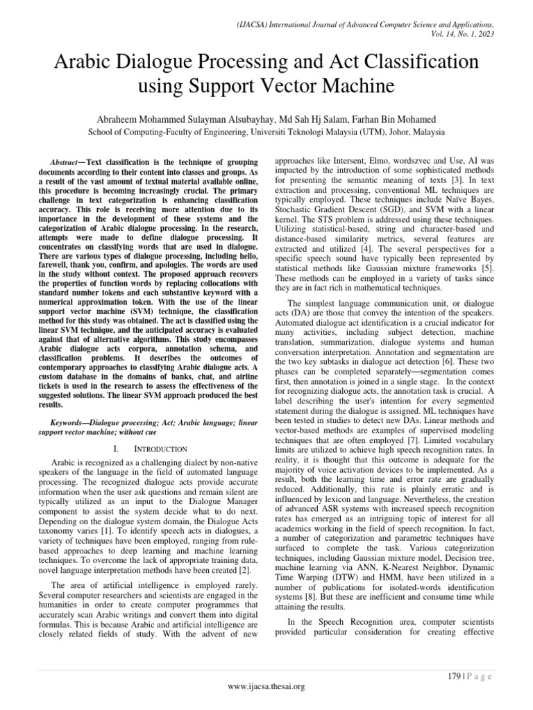 Arabic Dialogue Processing and Act Classification Using Support Vector Machine | PDF | Support ...