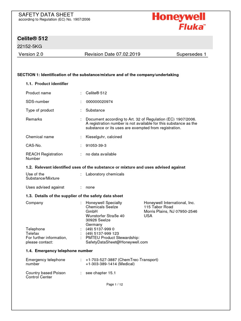 Celite 512 Sds | PDF | Dangerous Goods | Toxicity